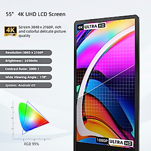 JASZDOT 55'' Digital Signage Displays 4K UHD 3840p LCD Touchscreen Kiosk Floor Standing Auto Smart AD Display Support USB/HDMI/WiFi Android OS（55'' Touch Screen）