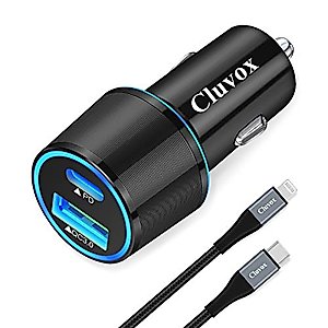Cluvox 20W Fast USB C Car Charger Adapter with MFi Certified Nylon Cable Compatible for iPhone 14/13/12/Pro/Max/Mini/11/XS/X/XR/8/Plus/SE/Air 3/iPad Mini 5 Rapid PD& QC 3.0 Automobile Charger- 3.3ft