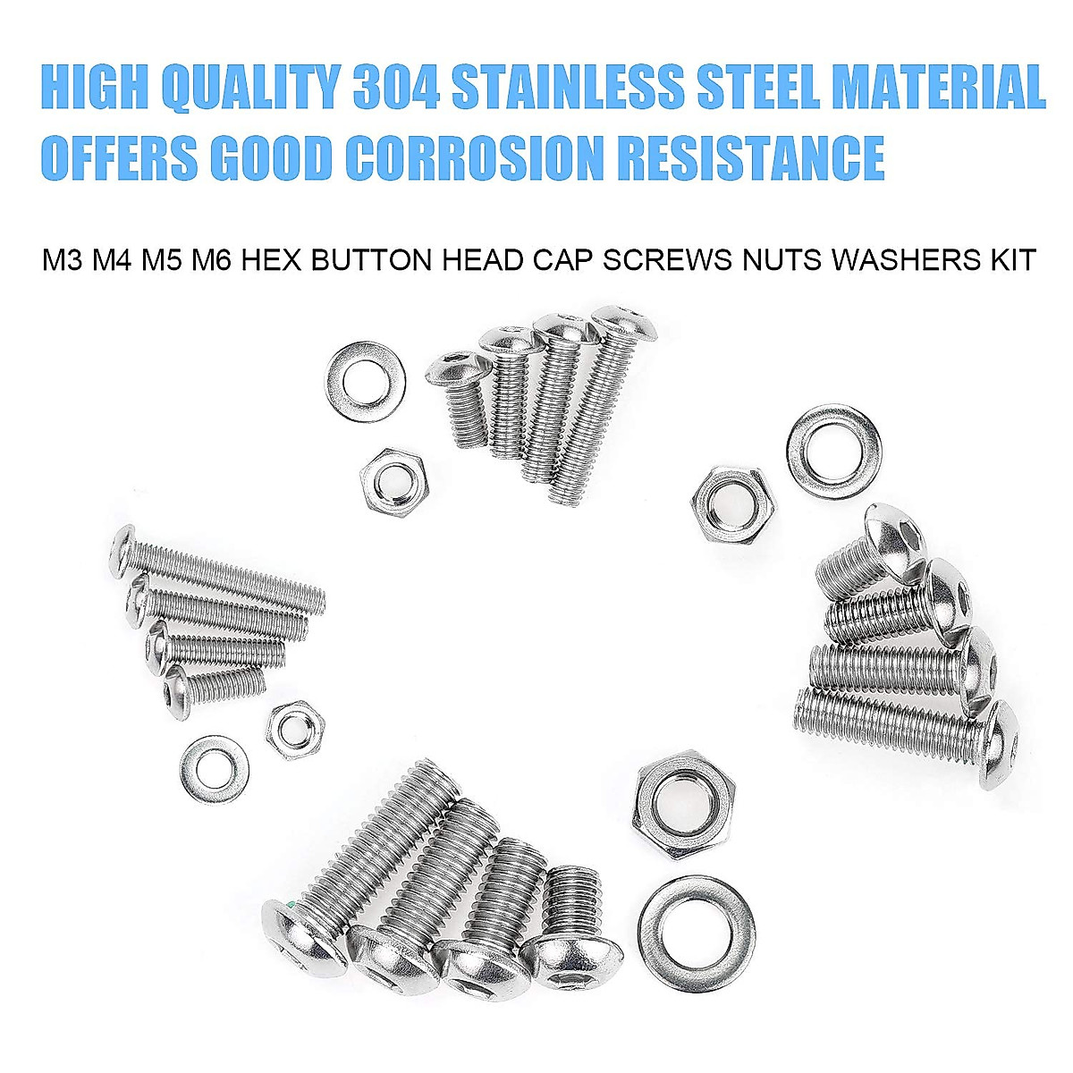 DYWISHKEY 520 PCS M3 M4 M5 M6, 304 Stainless Steel Hex Button Head Cap Bolts Screws Nuts Washers Assortment Kit with Hex Wrenches