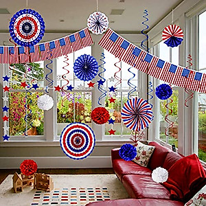 26Pcs Patriotic Party Decorations 4th of July Decor Set - USA Flag String Red White Blue Paper Fans Star Streamer Pom Poms Hanging Swirls for Labor Day,Veterans Day,Presidents Day,Flag Day