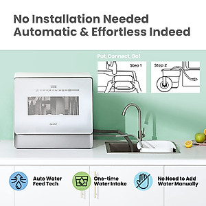 COMFEE' Portable Dishwasher, Countertop Dishwasher with 3 Place Settings, Mini Dishwasher with More Space Inside, 6 Programs, Auto-Open Drying, Touch Control, White