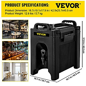 VEVOR Insulated Beverage Dispenser, 2.5 Gal, Double-Walled Beverage Server w/PU Insulation Layer, Hot and Cold Drink Dispenser w/ 2-Stage Faucet Handles Nylon Latches Vent Cap, NSF Approved, Black
