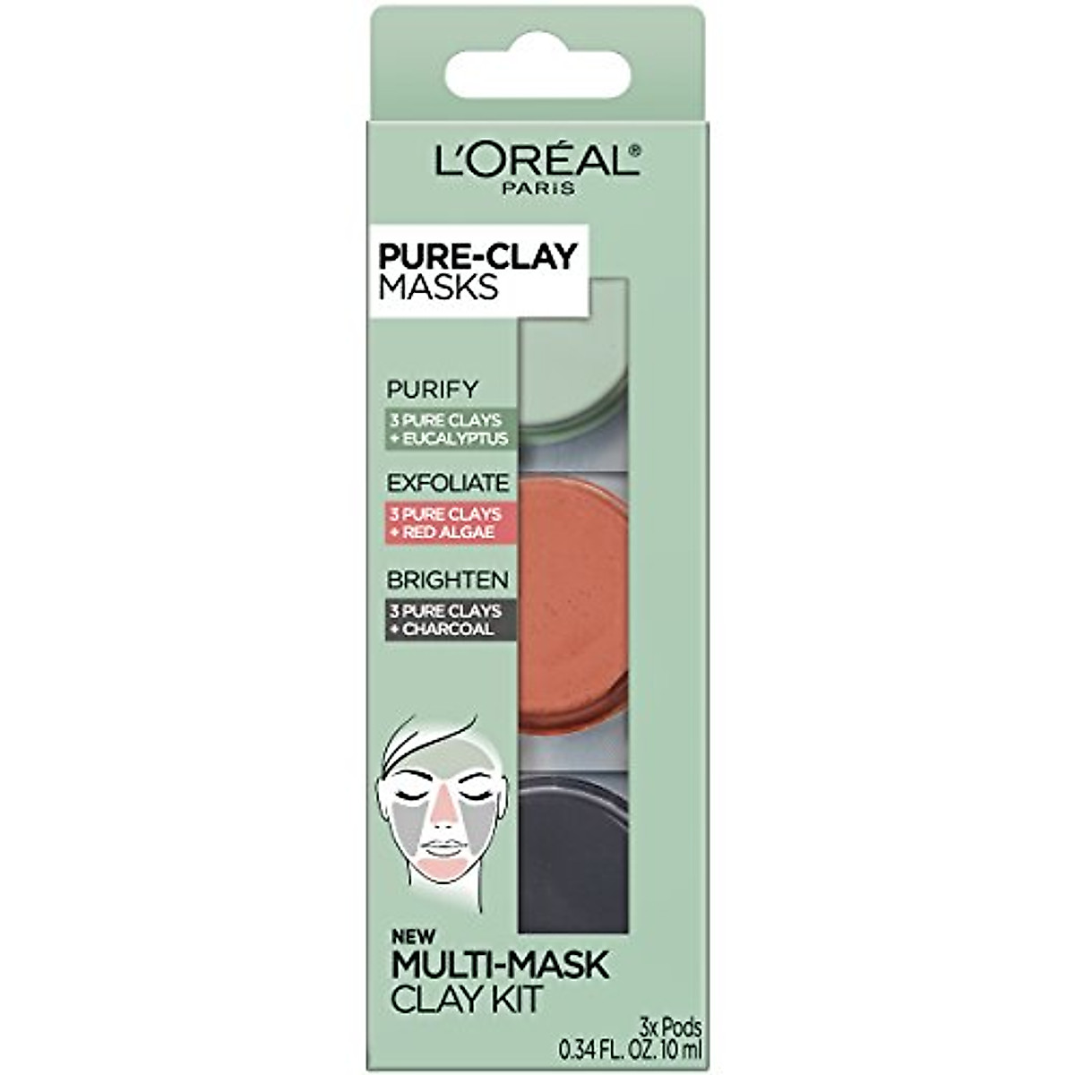 L'Oréal Paris Skincare Pure-Clay Face Mask Trial Size Set, Includes 3 Different Face Masks Made With Charcoal, Red Algae and Eucalyptus, Set