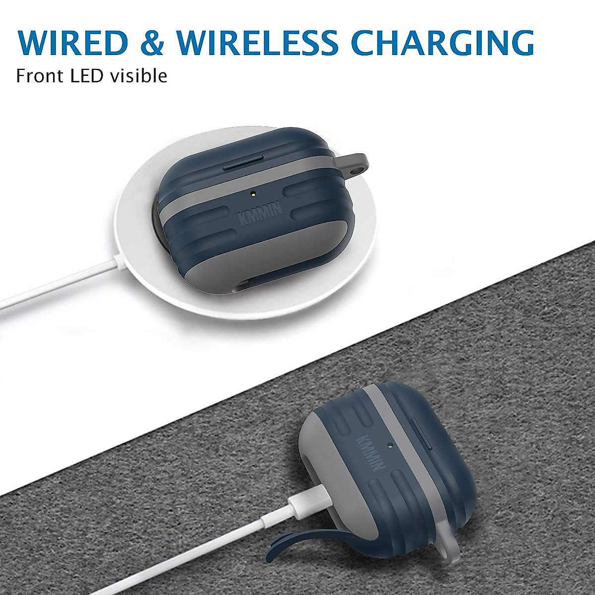 KMMIN Waterproof Case for AirPods Pro 1st & 2nd Generation, Premium Silicone Protective Case for AirPods Pro, Wireless Charging, Shockproof, Carabiner, LED Light Visible