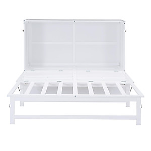 Queen Size Murphy Bed with Charging Station and Storage Shelf, Wood Queen Platform Bed Frame with usb Port, Queen Murphy Bed for Bedroom, No Box Spring Needed, Noise Free (White)