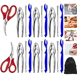 HOMOKUS Seafood Tools 21 Pcs Nut Crab Crackers Set including 6 Crab Leg Crackers, 6 Lobster Shell Forks, 6 Crab Leg Forks 2 Seafood Scissors & Storage Bag