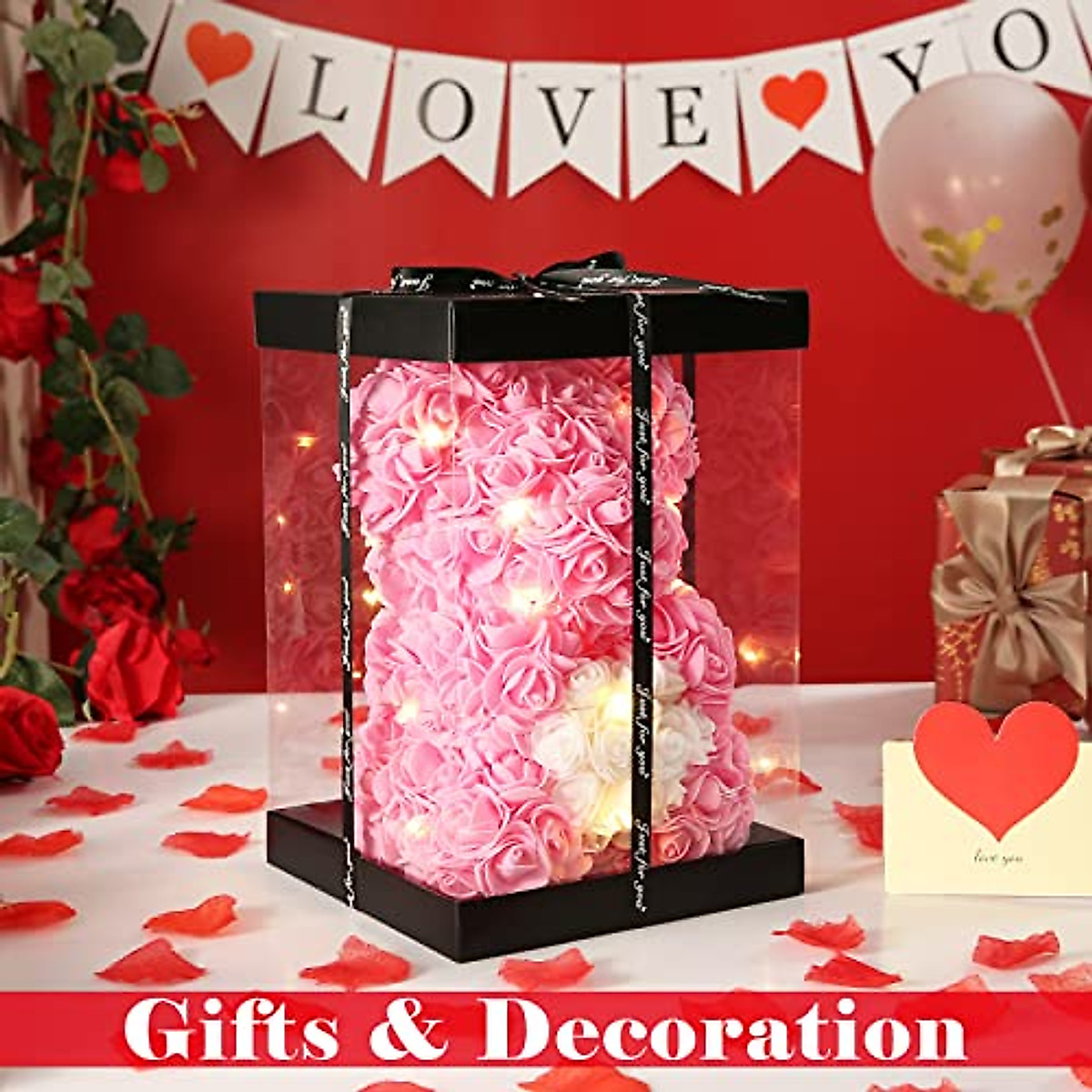 U UQUI Rose Bear Gifts for Her, Flower Bear Rose Teddy Bear with Box Lights Necklace Balloon Card, Cute Romantic I Love You Anniversary Birthday Gifts & Decorations