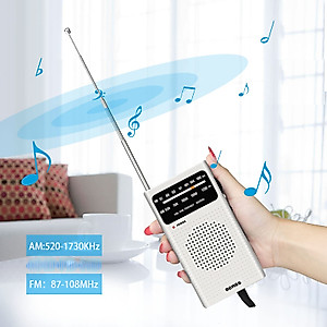 Benss Small Radios Portable AM FM, Transistor radios 2AA Battery Operated with Best Reception, Radio with Speaker & Headphone Jack, Pocket Radio for Indoor, Outdoor and Emergency Use(White)
