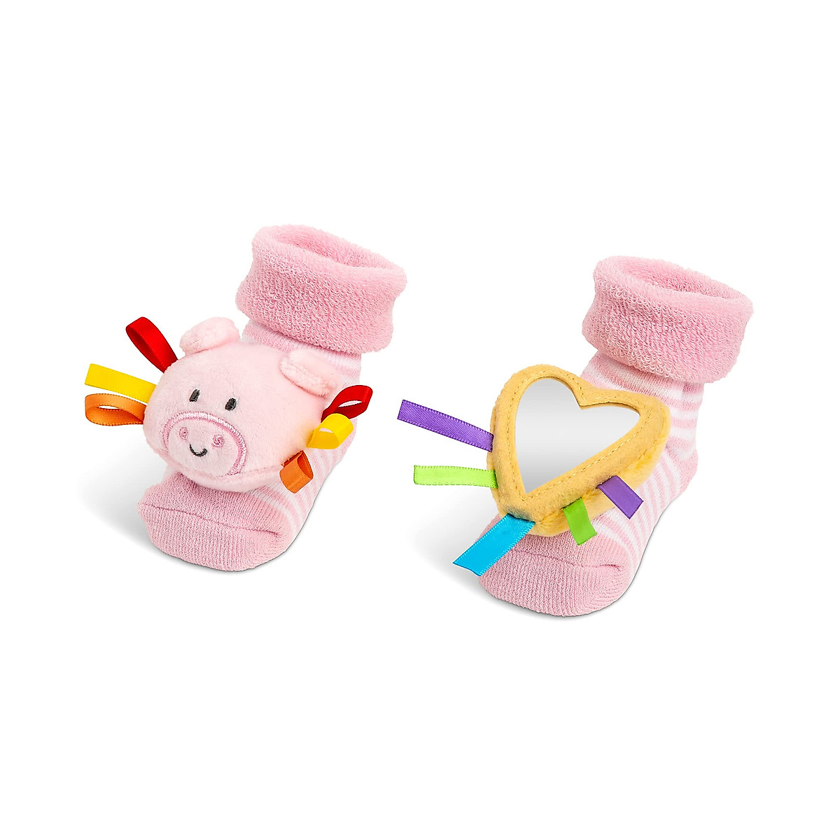 DEMDACO Pig Pink 3-6 Months Baby Rattle and Mirror Activity Sock Set