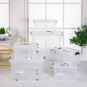 Sadnyy 4 Pack Clear Plastic Storage Latch Box Stackable Plastic Storage Bins with Latching Lids and Wheels Clear Large Storage Boxes Organizing Container for Home Garage Closet Classroom (15 Quart)