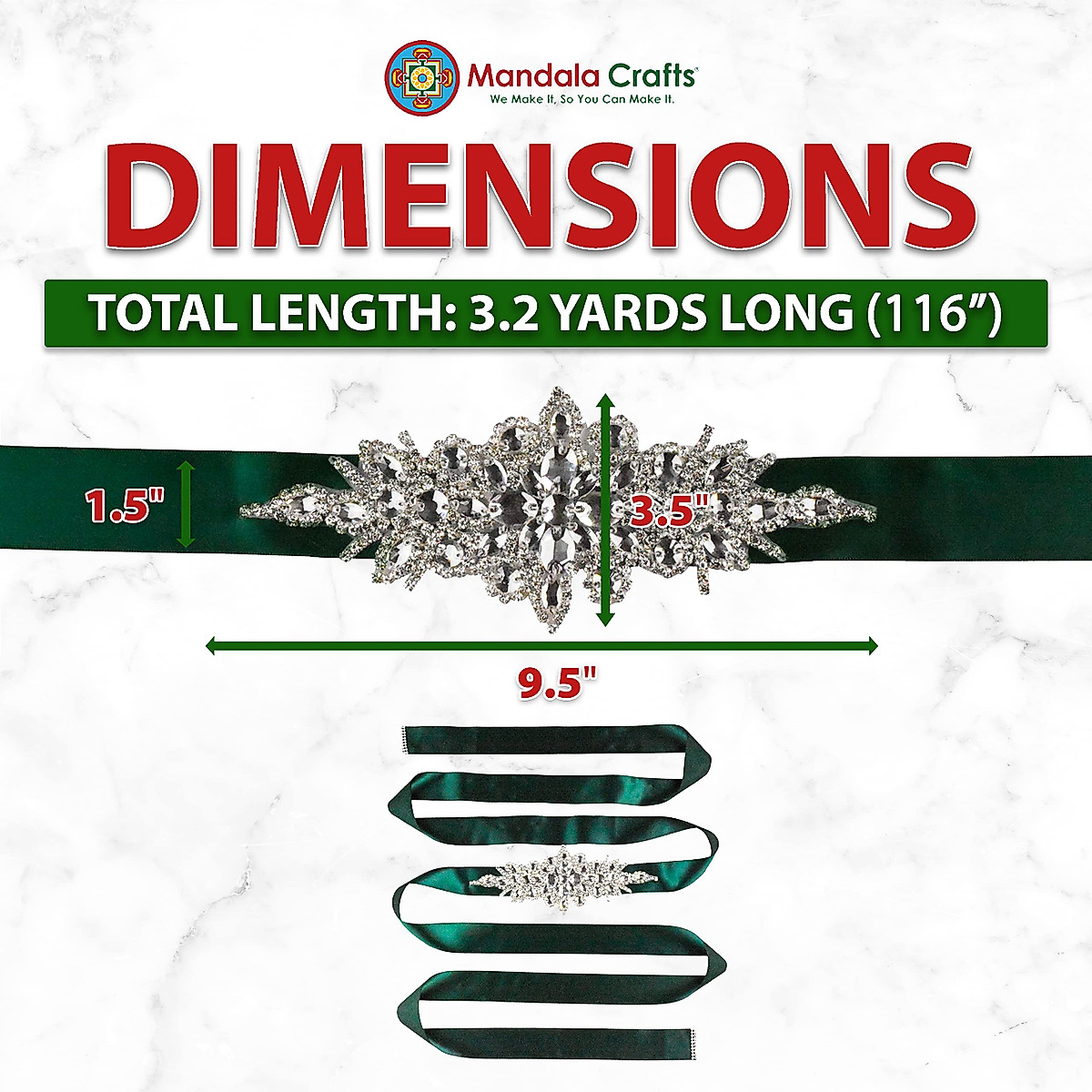 Wedding Dress Belt - Bridal Belt for Women Wedding Gown - Bridal Rhinestone Belts for Dresses by Mandala Crafts Plain Rhinestone Dark Green