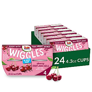 Dole Wiggles No Sugar Added Cherry Fruit Juice Gel Snacks, 4.3oz 24 Total Cups, Gluten & Dairy Free, Bulk Lunch Snacks for Kids & Adults
