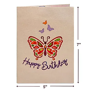 Paper Love 3D Pop Up Birthday Card, Butterfly, For Adults and Kids - 5" x 7" Cover - Includes Envelope and Note Tag