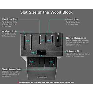 12 Slot Kitchen Knives Block, WELLSTAR Natural Wood Knife Holder without Knives – Hard Wood Countertop Knife Storage with Built-in Knife Sharpener - Black