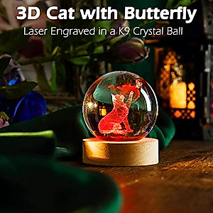Cat Lover Gifts for Women 3D Cat Figurines in Crystal Ball 60mm Decor Cat Collectibles Snow Globes Gift Glass Sphere Home Decor with Wooden Light Base