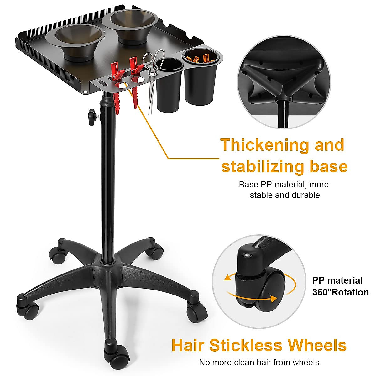Salon Tray on Wheels with 2 Magnetic Bowls, Rolling Metal Aluminum Tray Cart Height Adjustable for Hair Stylist, Hair Extension Tool Tray, Tattoo Tray with Hair Stickless Wheels
