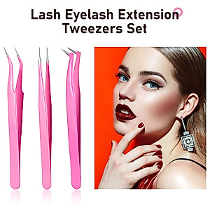 Honoson 6 Pieces Lash Eyelash Extension Tweezers Set Stainless Steel Eyelash Tweezers Straight and Curved Tip Tools Set Tweezers Nipper for Women Eyelash Extensions(Silver, Pink)