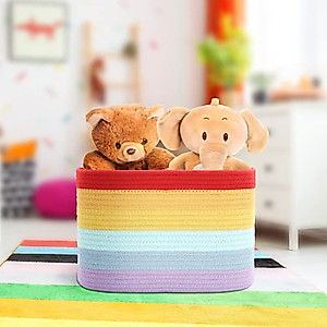 AUSSIY 1 Pack Rope Baskets for Storage Basket, Cotton Rope Woven Basket with Handles. Blanket Basket for Storing Clothes, Toys, Books, Shelves etc, 15''L x 10''W x 9.5''H, Rainbow Baskets