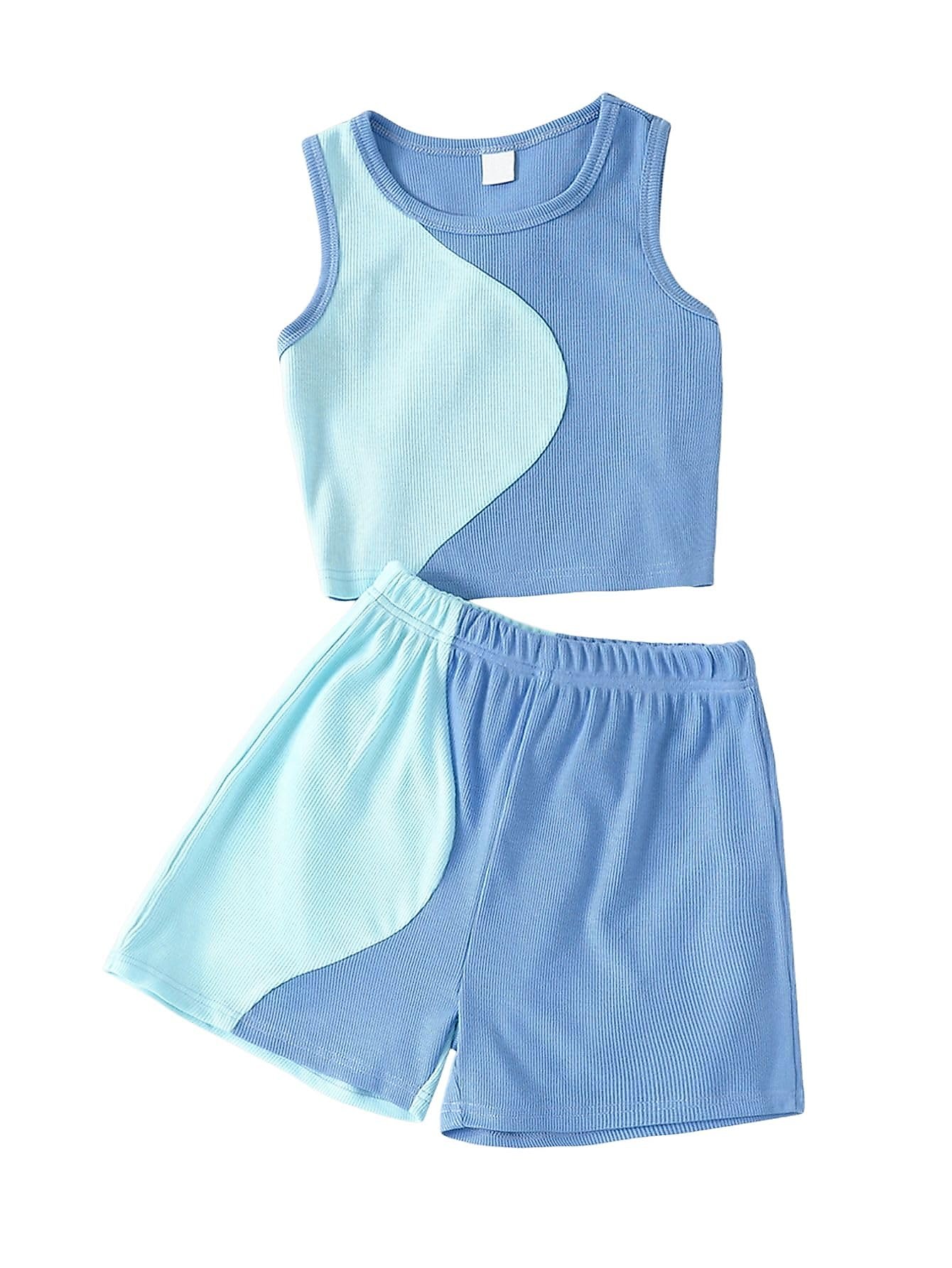 Verdusa Girl's 2 Piece Workout Outfit Colorblock Crop Tank Top and Short Sets Blue 9Y