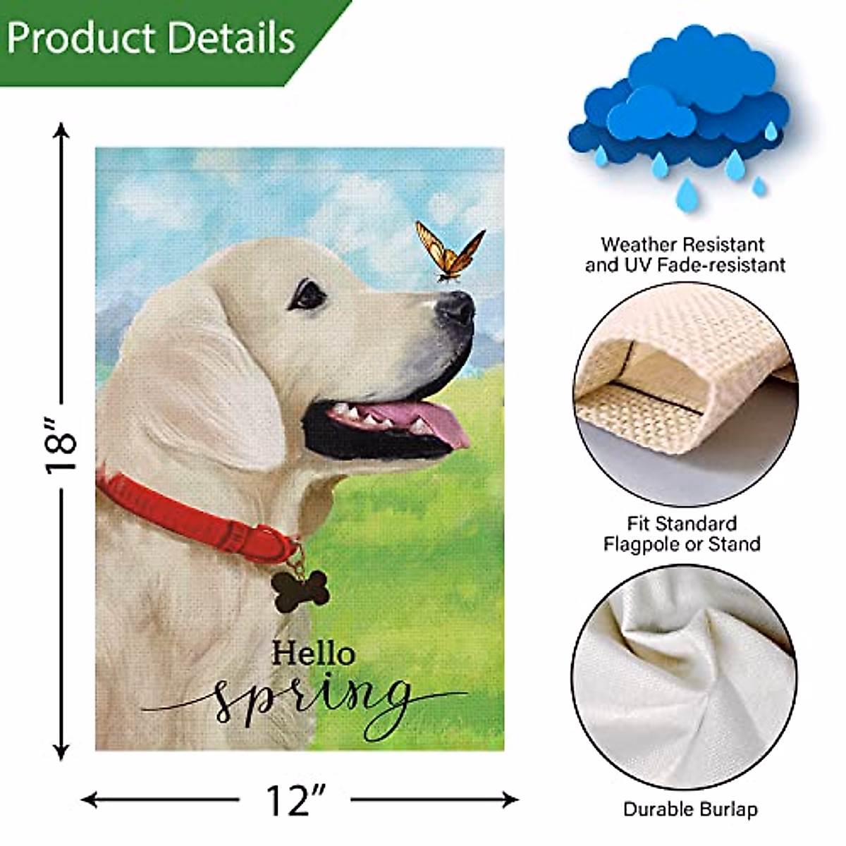Hello Spring Dog Garden Flag 12x18 Double Sided Vertical, Burlap Small Butterfly Welcome Garden Yard House Flags Outside Outdoor House Spring Summer Decoration (ONLY FLAG)