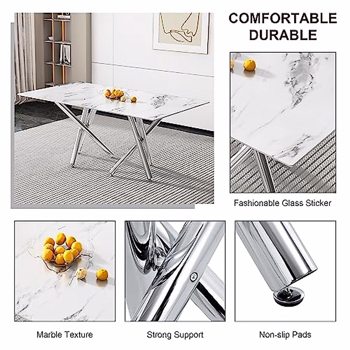 WOXYX Modern Large Simple Rectangular Glass Dining Table for 6-8 People with 0.39-inch White Imitation Marble Desktop and Silver Metal Legs, Black