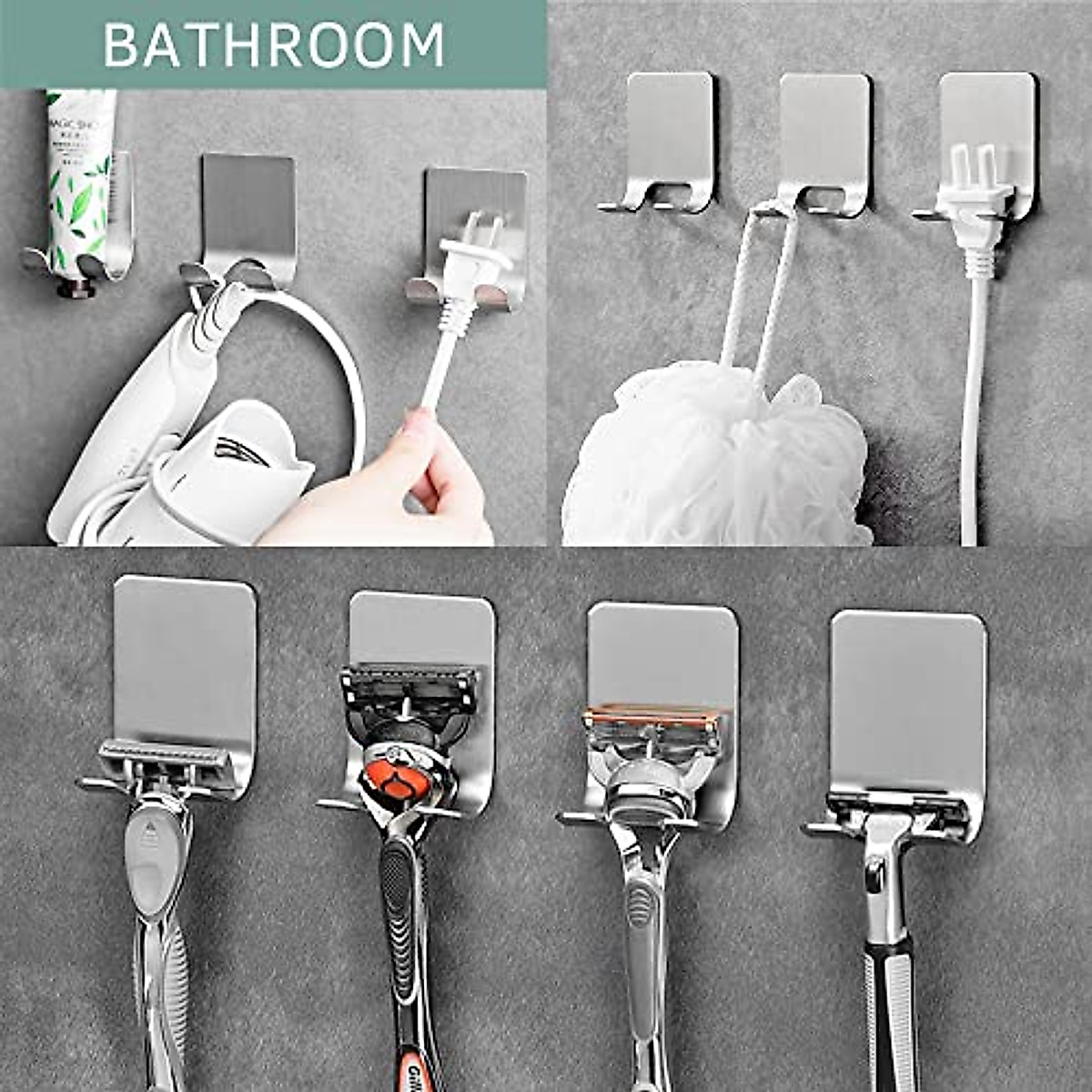 BYFU 8 Pack Adhesive Razor Hooks Shaver Hook Hanger, Heavy Duty Stainless Steel Wall Holders for Bathroom Kitchen Closet Organizer
