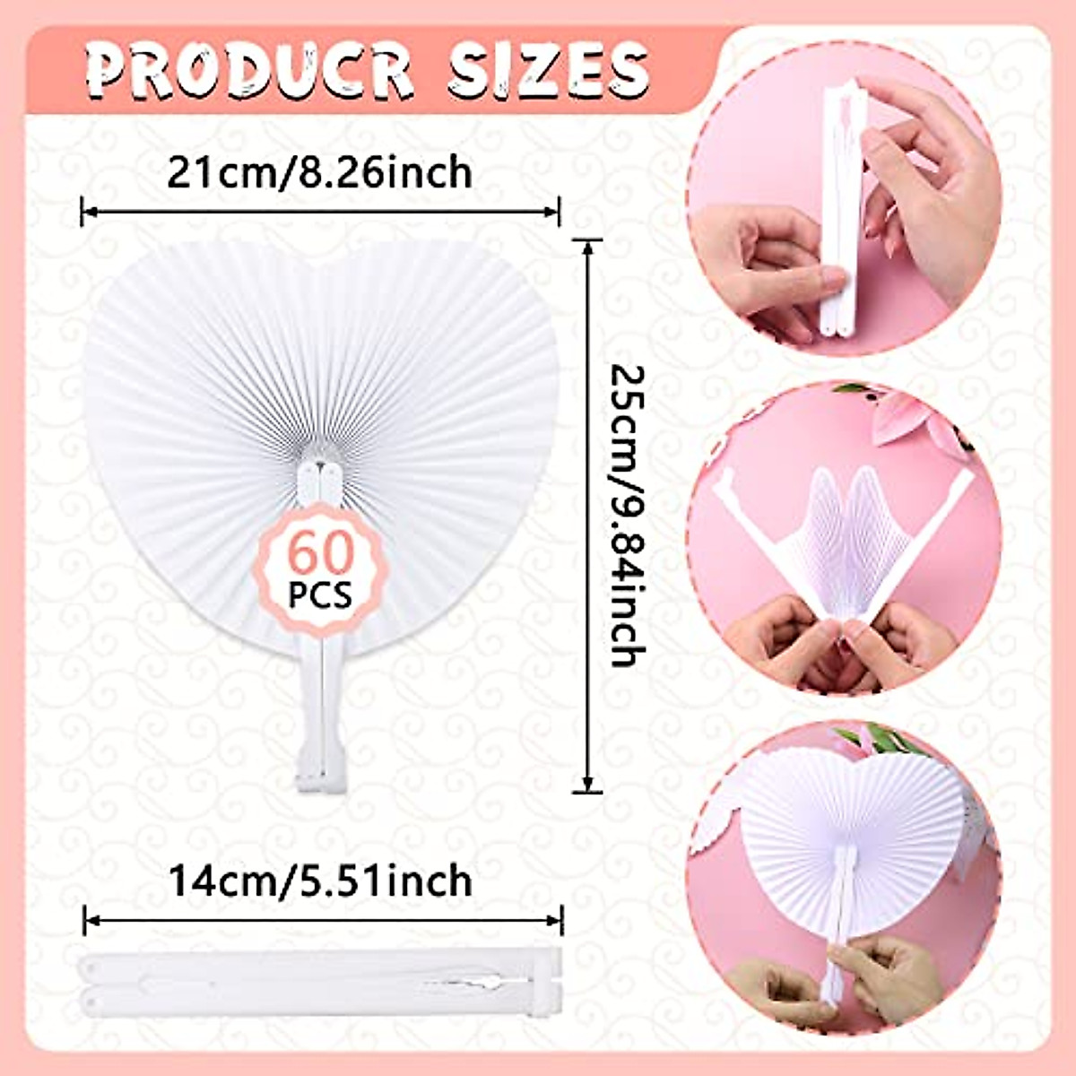 WOWOSS 60 Packs Folding Fans Paper Fans Heart Shaped Assortment with Plastic Handle for Wedding Favor Party Bag Filler