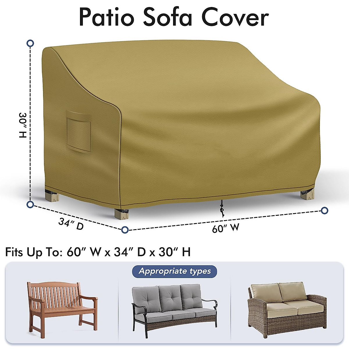 Richwon Patio Loveseat Cover Waterproof, 2-Seater Outdoor loveseat Cover, Patio Furniture Covers with Air Vent and Handles, 60W x 34D x 30H Inches, Khaki