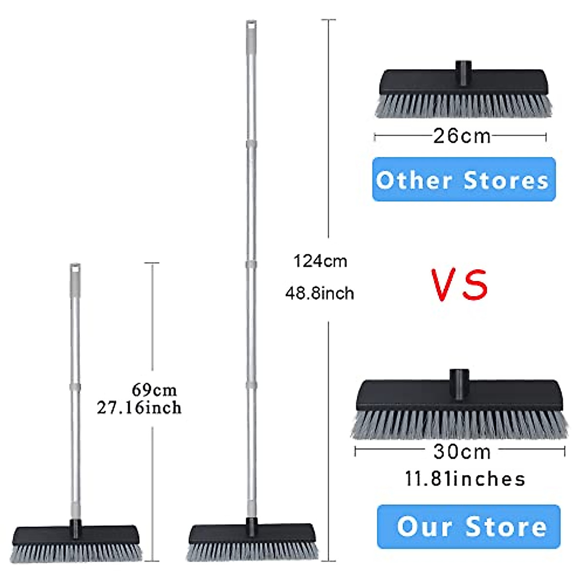 Hard Bristle Deck Broom Adjustable Long Handled Scrub Brush Heavy Duty Concrete Push Broom Outdoor Brush Garage Broom Wood Large Floor Scrubber 27-42 inch Balcony Broom -Multi Segment Handle