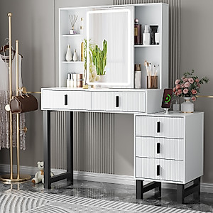 ANWBROAD Makeup Vanity Desk with Mirror and Lights White Vanity with Power Outlet Modern Dressing Table with 3 Lighting Modes Brightness Adjustable Sliding Mirror 5 Drawers Shelves Bedroom UBDT62W