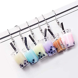 6 Pairs Creative Unique Bubble Boba Tea Dangle Earrings Funny Personality Milk Tea Drink Earring Colorful Glass Bottle Funny Earrings for Women Party Jewelry Gifts (6 Color)