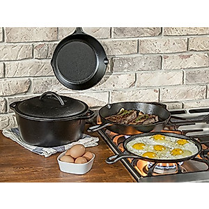 Lodge Seasoned Cast Iron 5 Piece Bundle. 10.5" Griddle, 8" Skillet, 10.25" Skillet, 10.25" Dutch Oven, and 10.25" Lid