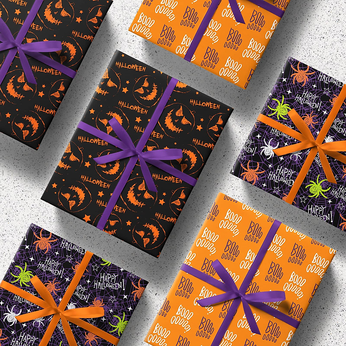 LDGOOAEL Wrapping Paper Roll with Cut Lines on Reverse - Mini Roll(17" X 120" Per Roll) - Purple Spider, Orange bat for Halloween, Birthday, Wedding, Baby Shower,Bridal Showers