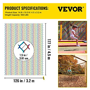 VEVOR Climbing Cargo Net, 14.8 x 10.5 ft Playground Climbing Cargo Net, Polyester Double Layers Cargo Net Climbing Outdoor w/500lbs Weight Capacity, Rope Bridge Net for Tree House, Monkey Bar, Rainbow