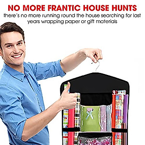Hanging Gift Wrapping Paper Storage Organizer Bag, Double Sided Multiple Front & Back Pockets Organize Your Gift Wrap, Gift Bags Bows Ribbons 40"X17" Fits Long 40 Inch Rolls Clear PVC Bag (Full Black)