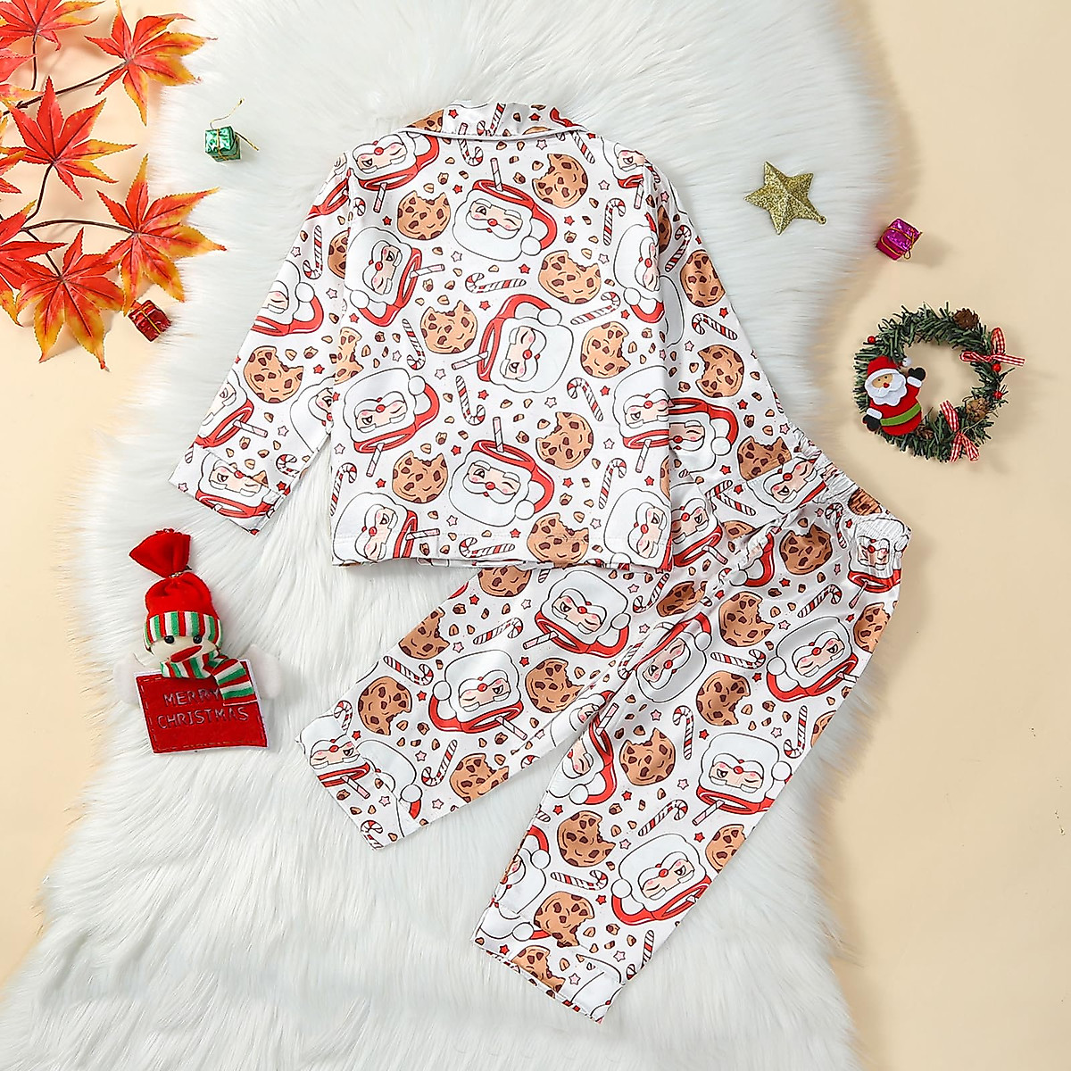 BULINGNA Kids Toddler Girl Boy Christmas Two Piece Pajamas Set Santa Claus Cookie Satin Pajamas Top with Pants Xmas Sleepwear (Santa Claus, 4-5 Years)