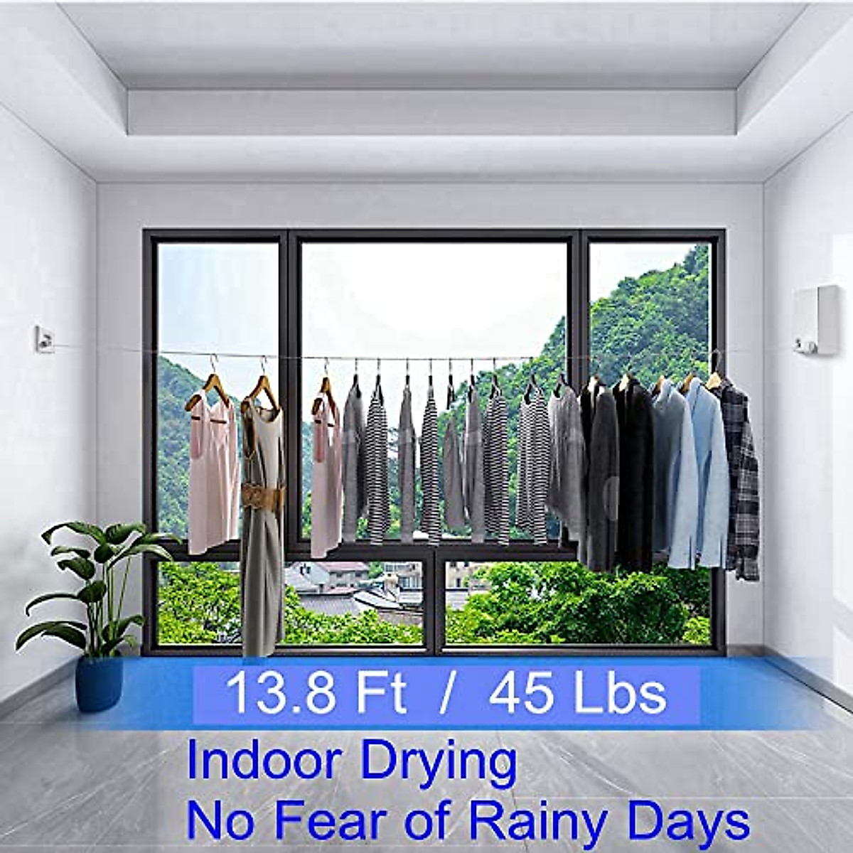 ABHILWY Retractable Clothesline Clothes Line Retracting Outdoor/Indoor, Heavy Duty Stainless Steel Adjustable Drying Rope Wire Dryer with ABS case+Aluminum, Self Adhesive Wall Mount 13.8 Feets White