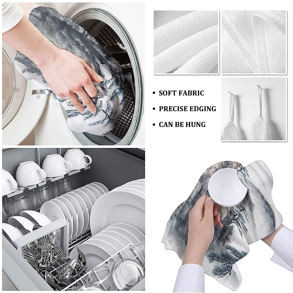 3 PCS Kitchen Towels with Hanging Loop Super Absorbent Soft Dish Towels Chinese Painting Print Tea Hand Towels Drying Cleaning Asian Mountain Range Landscape Nature Trees Sketchy Illustration,