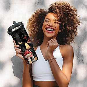 thmasamwr Mushroom Tumbler with Lid and Straw, Stainless Steel Mushroom 30oz Tumbler with Handle, Black Mushroom Travel Coffee Mug Mushroom Gifts Cups for Women and Men