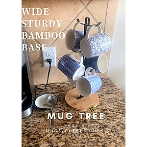 Countertop Mug Tree, 6 Mug Holder, Coffee & Tea Cup Storage Rack, Coffee Counter Bar Accessory & Kitchen Organizer- ShinYik Japanese Zakka Style with Bamboo Wood and Black Iron