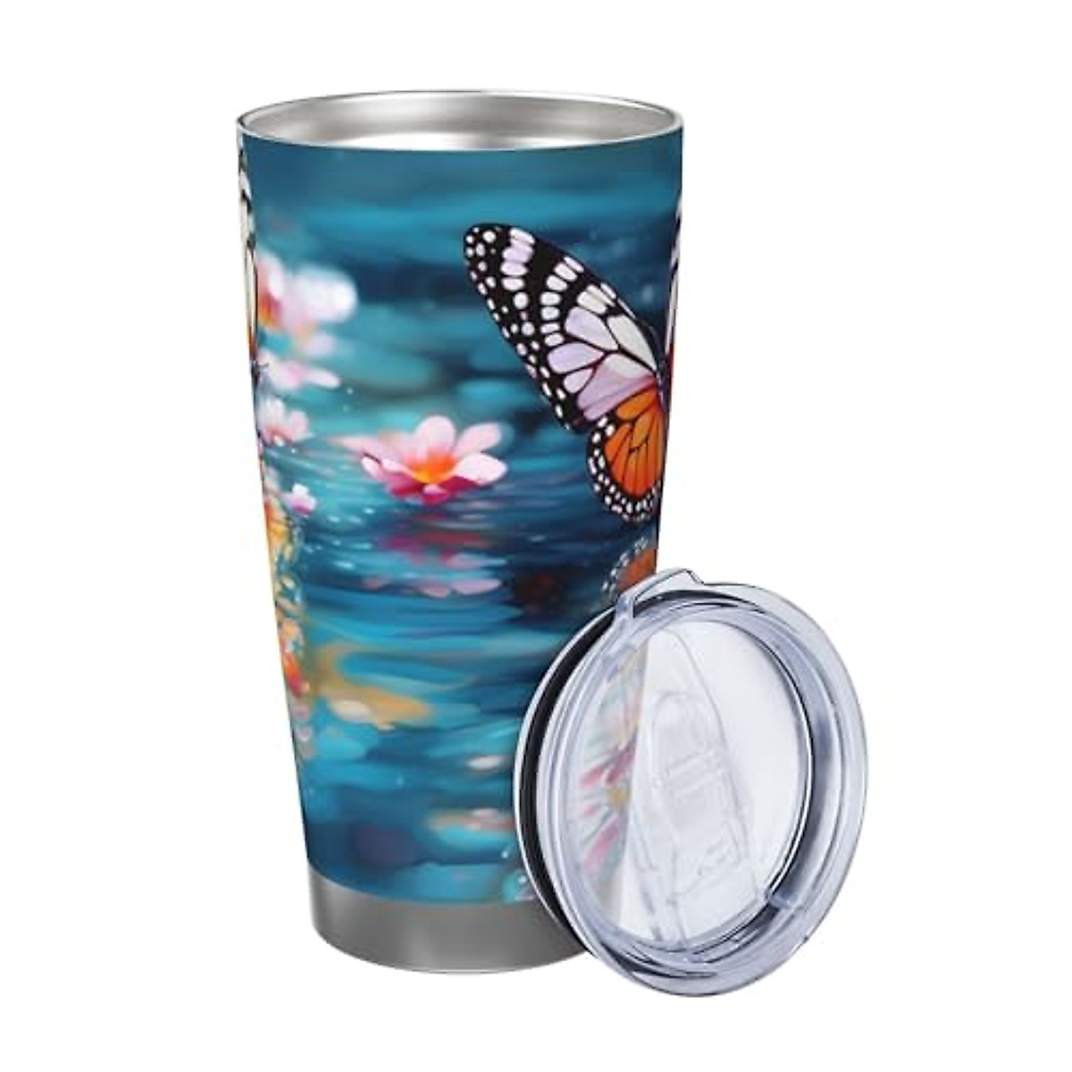 AYCZN Butterfly Flower Water 20 OZ Tumbler Stainless Steel Travel Coffee Mug, Spring Floral Insulated Water Bottle with Lid and 2 StrawsLeakproof Thermal Cup