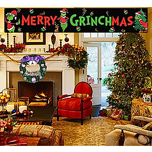 Huras Large Merry Grinchmas Sign Banner Grinch Theme Christmas Banner Christmas Party Supplies Decorations Black Xmas Holiday New Year Party Supplies Christmas Yard Sign Banner - 9.8 X 1.6 FT