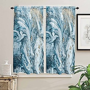 SSEVITEY Room Decorative Valances with Rod Pockets Marble Liquid Abstract Art Window Valance Curtains Blue White Gold Gradient Treatment 2 Panels Drapes for Kitchen Living Room Bathroom