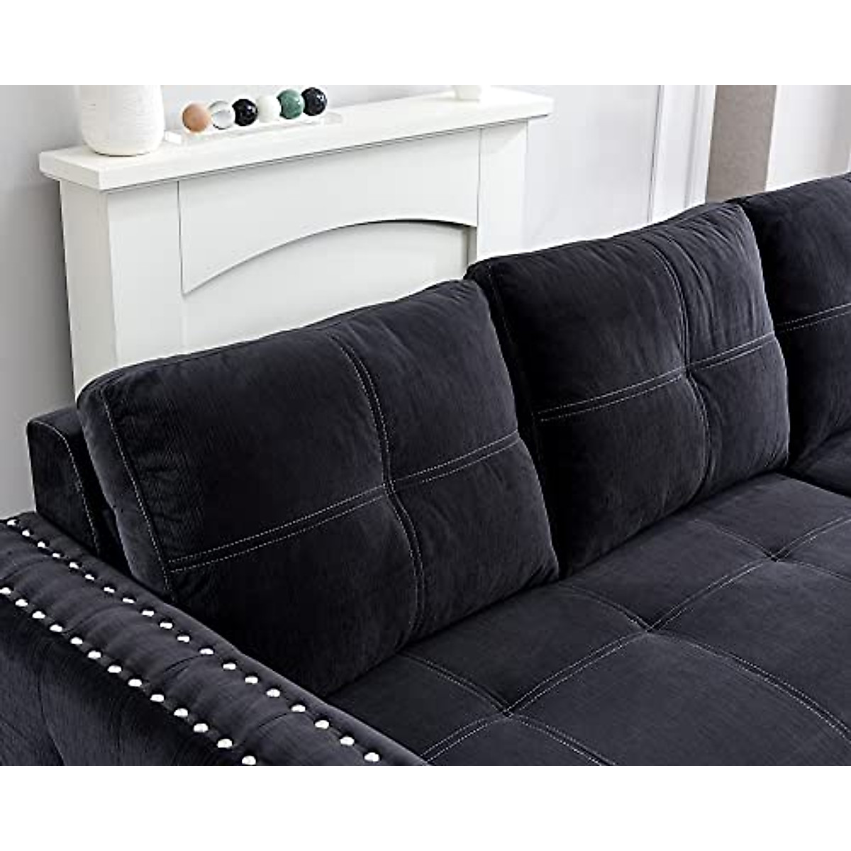 Tmosi Couch with Pull Out Bed, Sleeper Sectional L Shaped Velvet Sofa, 2 Seats Sofa with Reversible Storage Chaise, for Living Room Furniture Set (Black)
