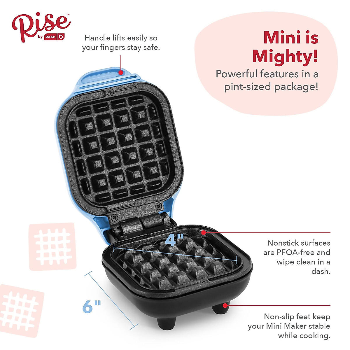 Rise by DASH Mini Waffle maker non stick surface cooks in minutes 4 inch waffles (Blue), Blue/Red