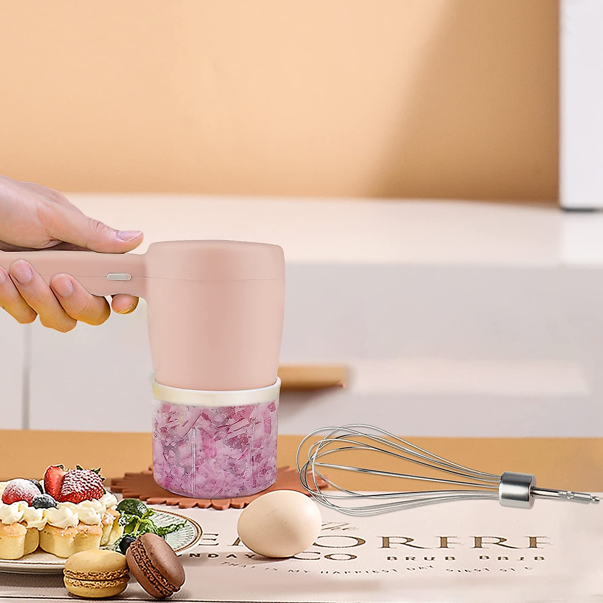 New 2 in 1 Mini Electric Whisk,with Garlic Chopper,USB Rechargeable Detachable Handheld Egg Beater, Good Helper in the Kitchen Making Cakes (Pink)