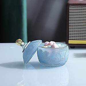 Joeyan Blue Decorative Glass Jars with Lid,Small Glass Jewelry Box,Embossed Candy Dish Candy Jar,Mini Colored Glass Canister for Nuts Chocolates Candy Buffet Display and Home Wedding Decoration,6 oz