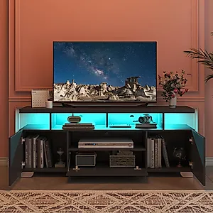 Modern TV Stand with Power Outlet, TV Console with LED Lights, TV Stand for 65 inch TV, Gaming Entertainment Center with Storage Cabinet and Large Storage, TV Stands for Living Room, Bedroom, Black