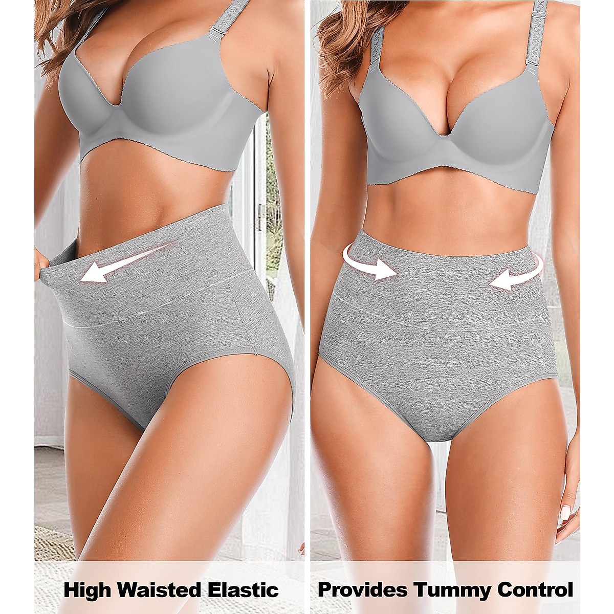 OLIKEME Women's High Waisted Underwear Tummy Control Underwear Postpartum Underwear Breathable Womens Underwear Soft Cotton Panties Full Coverage Briefs, 5-pack Size L