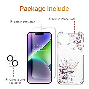 GVIEWIN Case Compatible with iPhone 14 Plus 6.7 Inch,with Screen Protector + Camera Lens Protector, Clear Flower Shockproof Soft Protective Floral Designed Women Phone Cover, 2022 (Aster/Purple)